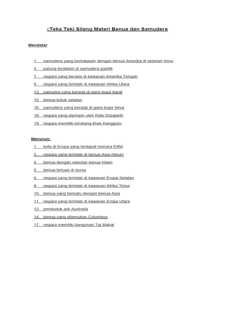 CTeka Teki Silang Materi Benua Dan Samudera | PDF