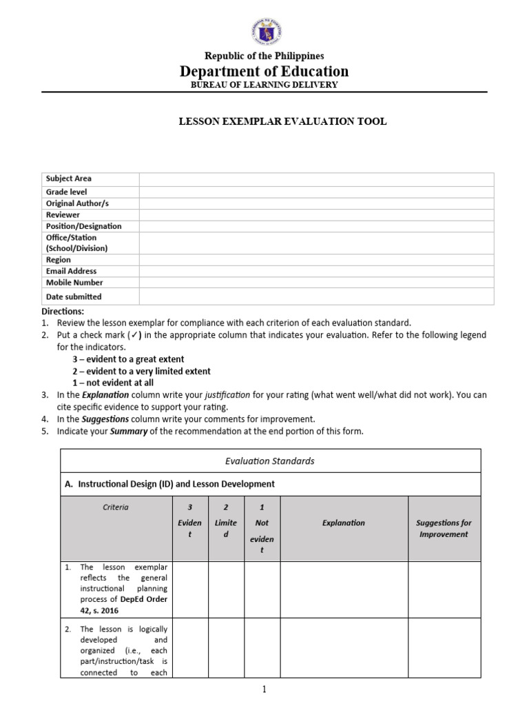 Lesson Exemplar Evaluation Tool | PDF | Educational Assessment | Learning