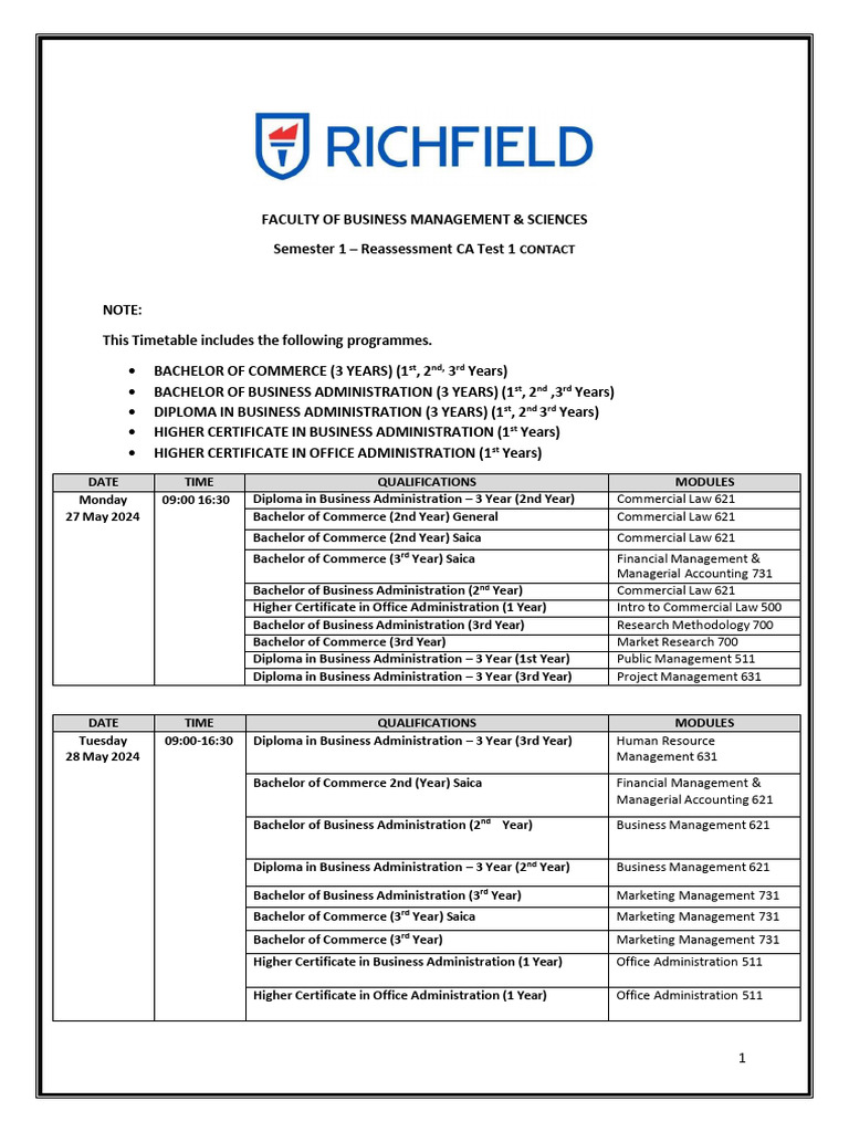 Semester 1 Re-Assessment Timetable (BMS) CONTACT ONLY | PDF | Bachelor ...