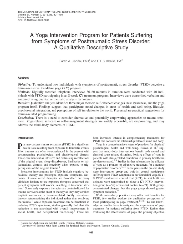 Jindani 2015 J Altern Complement Med | PDF | Psychological Trauma | Mind