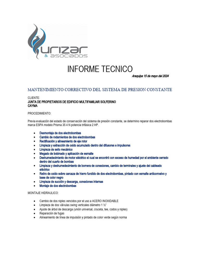 Informe de Mantenimiento Correctivo de Sistema de Presion Constante ... Informe de Mantenimiento Correctivo de Sistema de Presion Constante ...