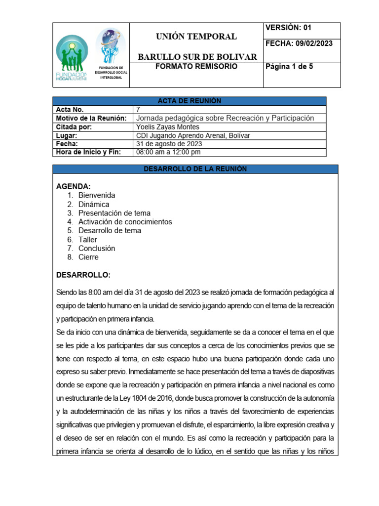 Acta Recreacion y Participacion | PDF | Crecimiento personal y profesional | Ciencias sociales