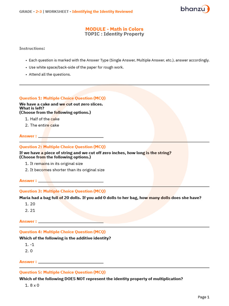 Identity Property Worksheet for Grades 2-3 | PDF | Multiplication ...