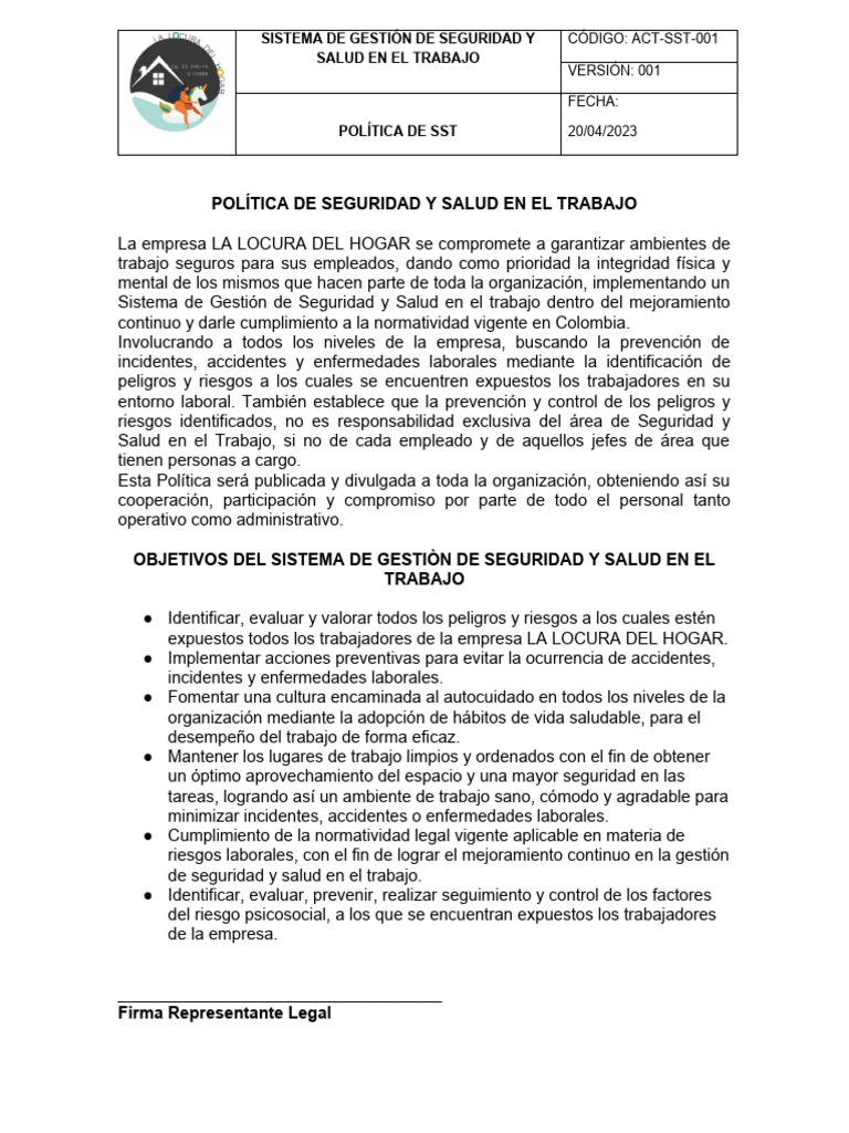 Política de SST | PDF | Valores | Seguridad y salud ocupacional