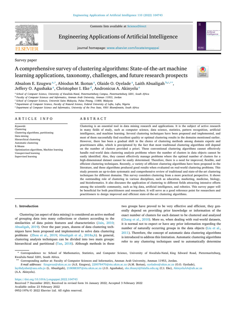 2022 A Comprehensive Survey Of Clustering Algorithms State Of The Art Machine Learning