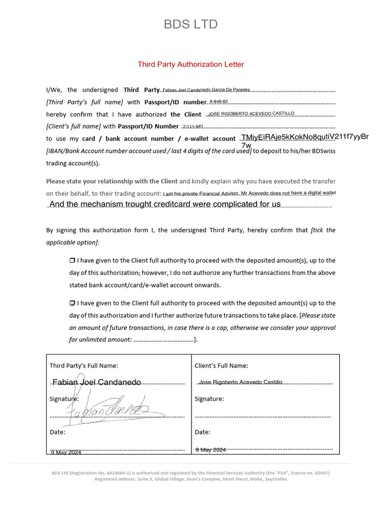 Third Party Authorization Letter - BDS LTD - SEY | PDF | Identity ...