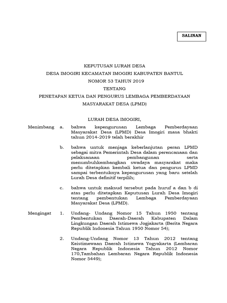 Penetapan Pengurus LPMD Imogiri 2019 | PDF