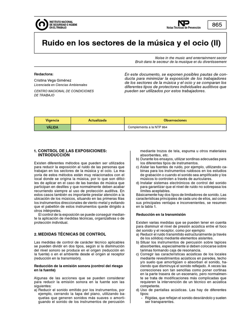 Ntp865insht Ruido en Los Sectores de La Musica y El Ocio 2 | PDF ...