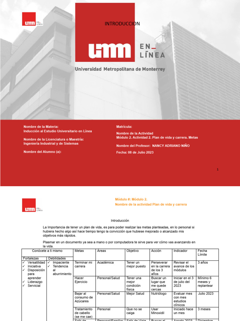 Módulo 2. Actividad 2. Plan de Vida y Carrera. Metas | PDF