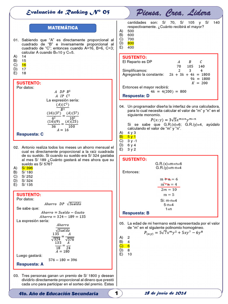 4to Sec - Soluc - Ranking 05 | PDF | Ácido | Masa