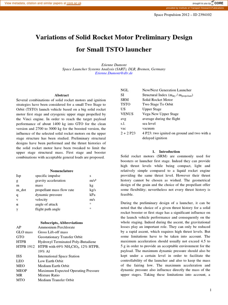 Variations of Solid Rocket Motor Preliminary Design For Small TSTO ...