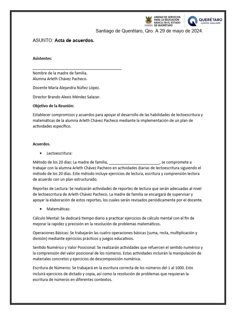Acta de Acuerdos Alumna Arleth | PDF | Cognición | Aprendizaje