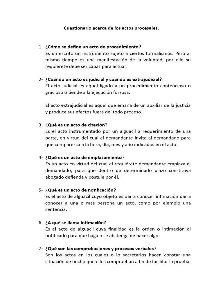 Cuestionario Acerca de Los Actos Procesales | PDF | Demanda judicial | Justicia