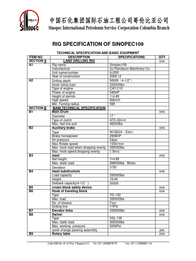 Especificaciones Equipo Rig 109 550hp-Sinopec | PDF | Pump | Oil Well