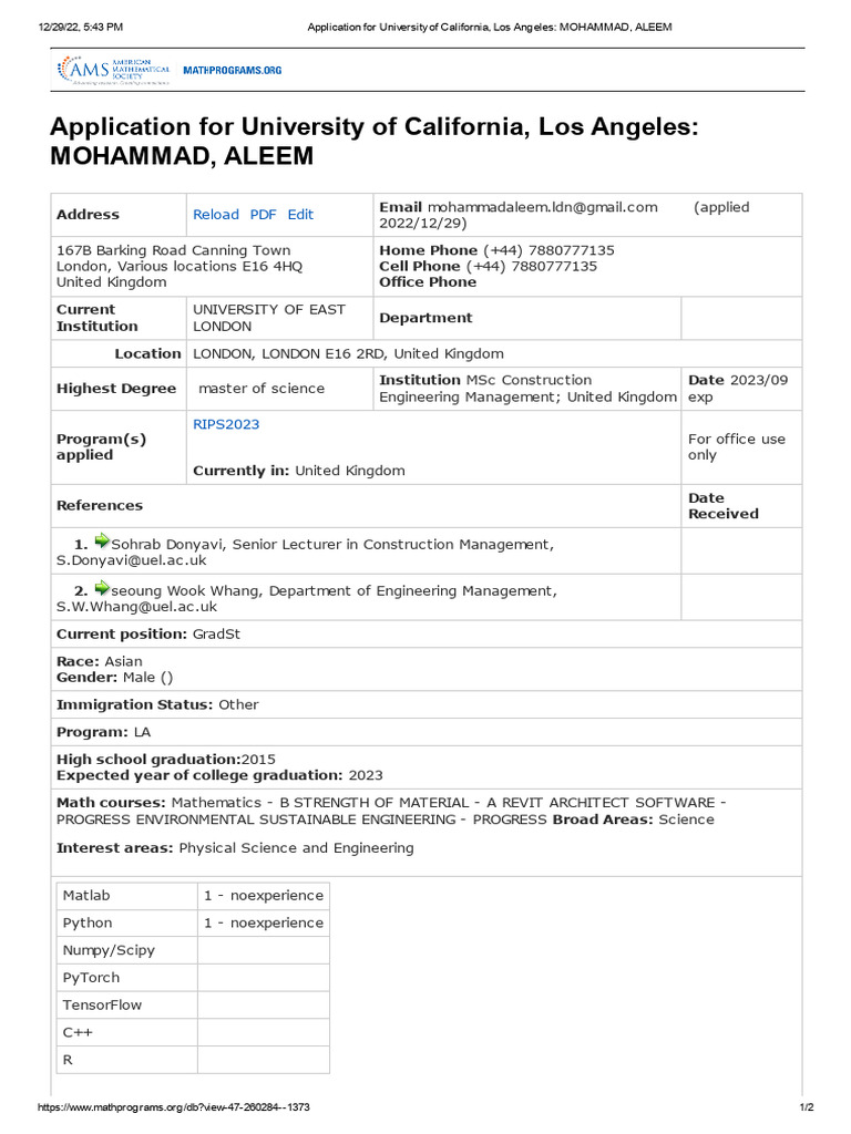 Application For University of California, Los Angeles - MOHAMMAD, ALEEM ... Application For University of California, Los Angeles - MOHAMMAD, ALEEM ...