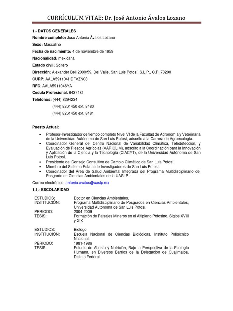 CURRÍCULUM VITAE: Dr. José Antonio Ávalos Lozano: Antonio - Avalos@uaslp - MX | PDF | México ...