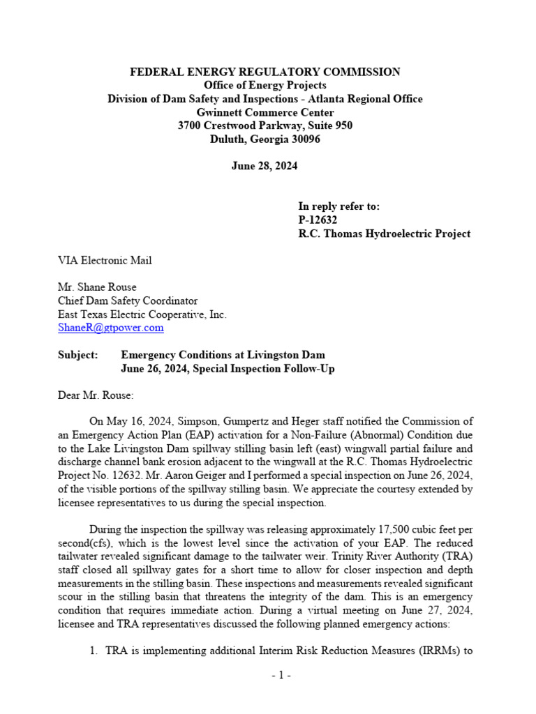 Federal Energy Regulatory Commission - June 28, 2024 Filing | Download Free PDF | Spillway | Dam
