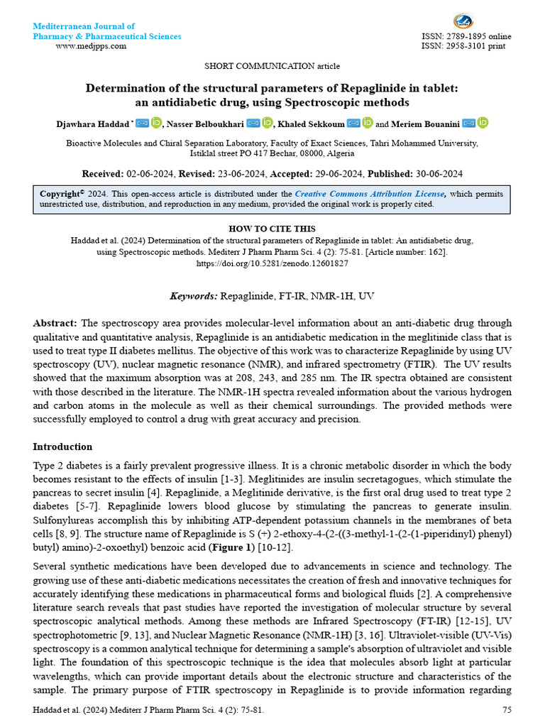 Determination of The Structural Parameters of Repaglinide in Tablet: An Antidiabetic Drug, Using ...