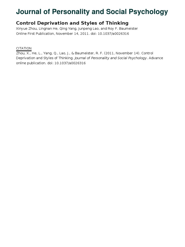 Control Deprivation and Styles of Thinking | PDF | Argument | Thought