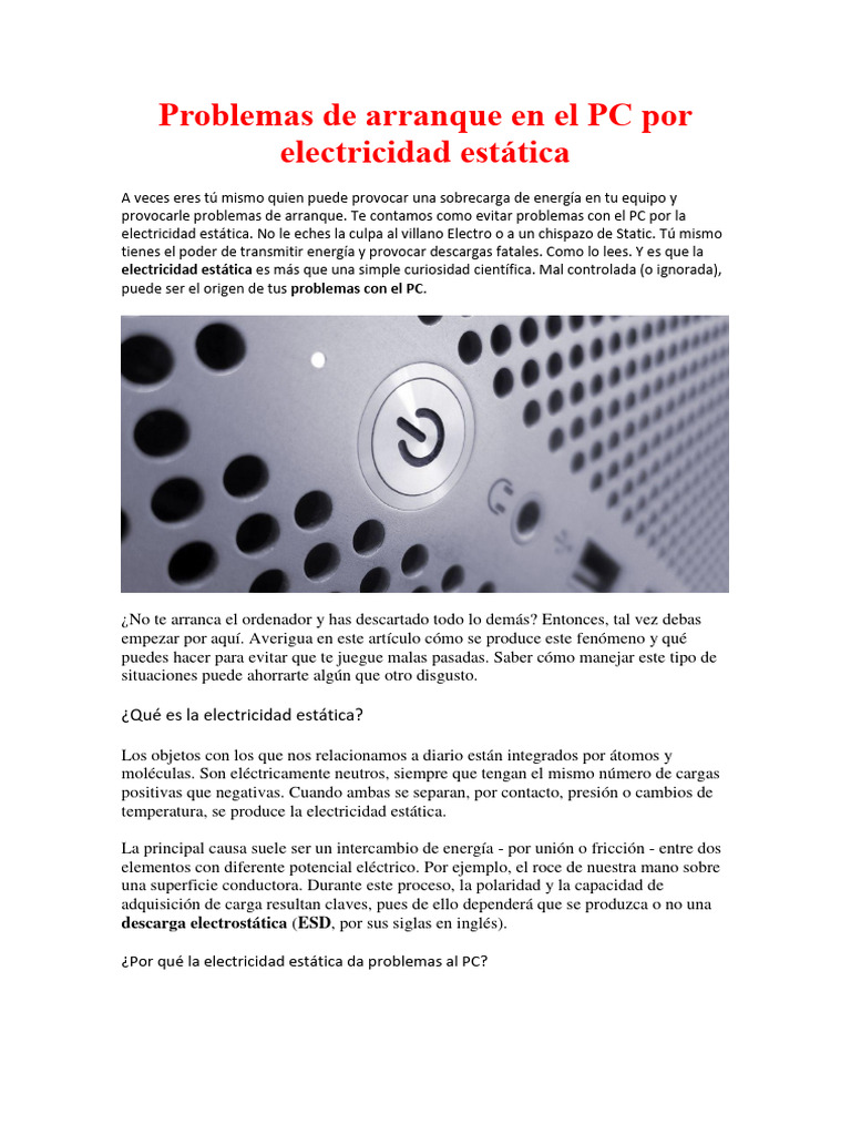 Problemas de Arranque en El PC Por Electricidad Estática | PDF | Electricidad | Descarga ...