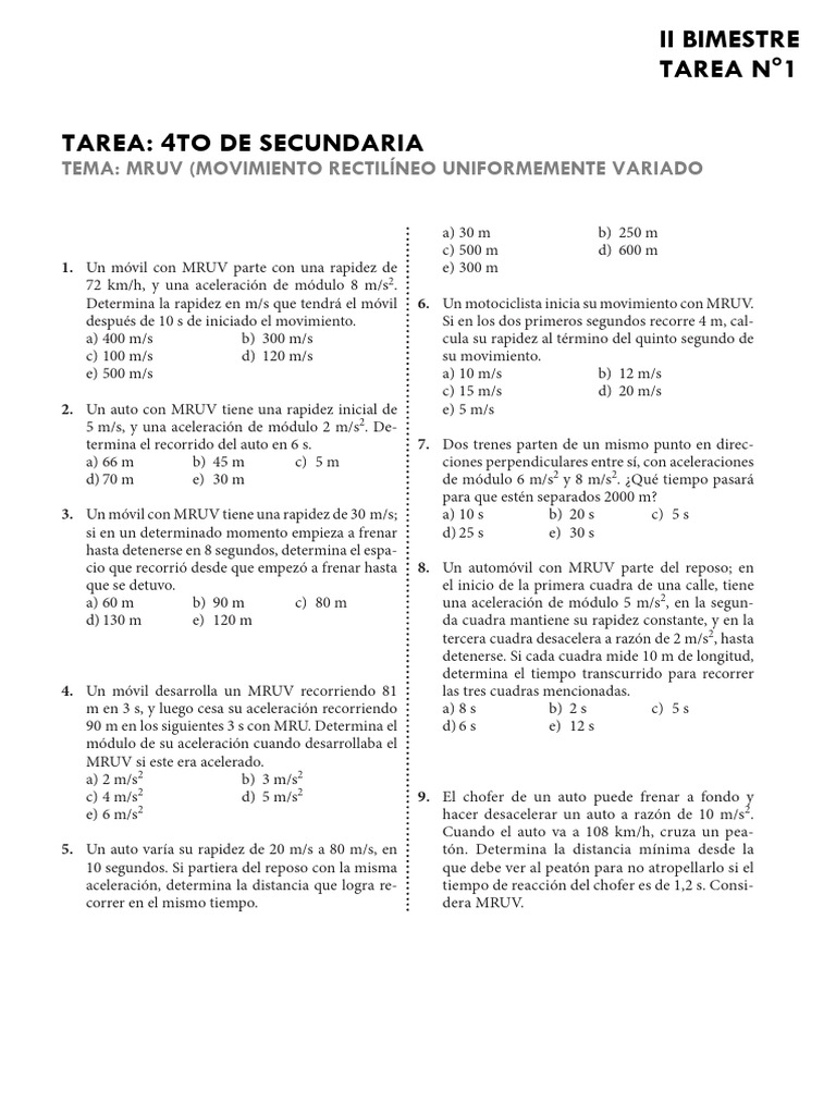 Tarea N°1-Fis-Mruv-15 May-4°s | PDF | Aceleración