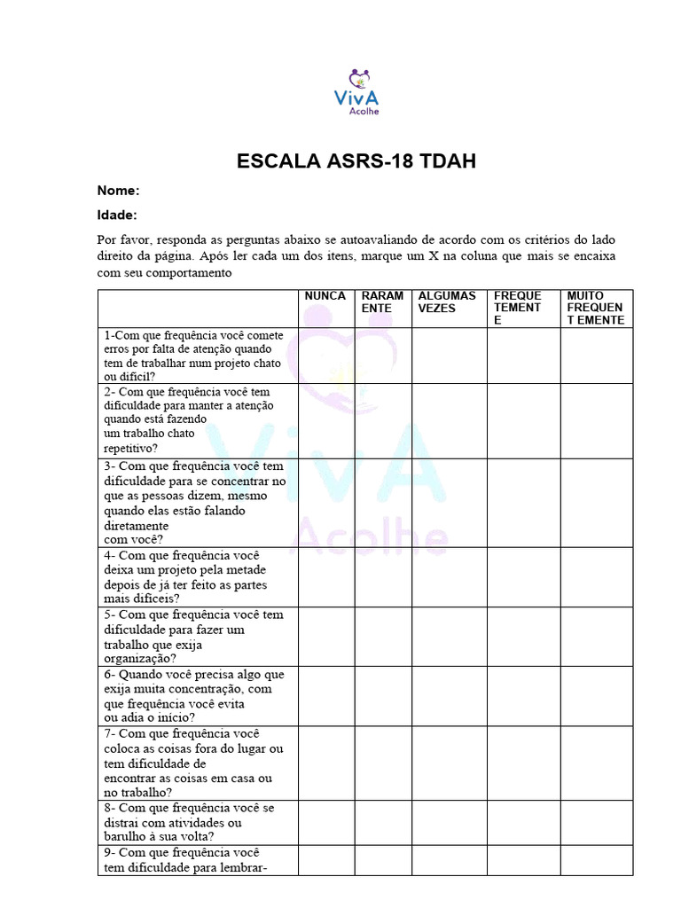 Escala Asrs-18 Tdah Viva Acolhe | PDF | Transtorno de déficit de ...