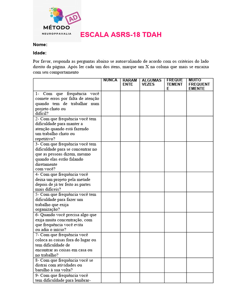 Escala Asrs-18 Tdah | PDF | Transtorno de déficit de atenção e ...