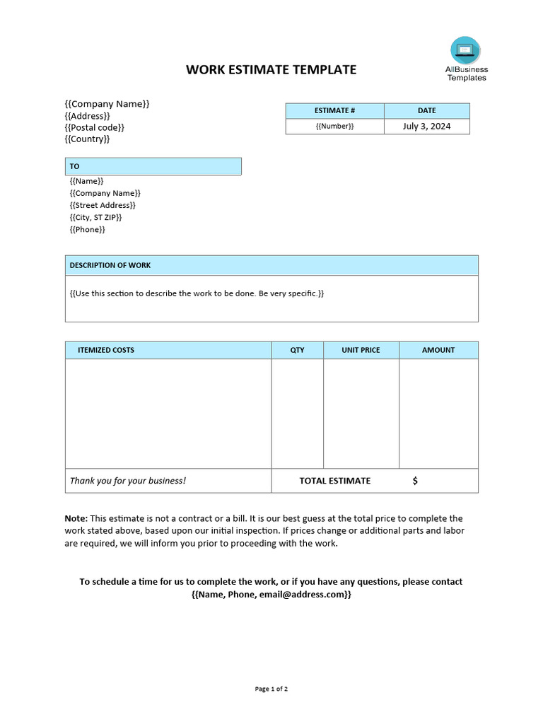 Work Estimate Template for Contractors | PDF