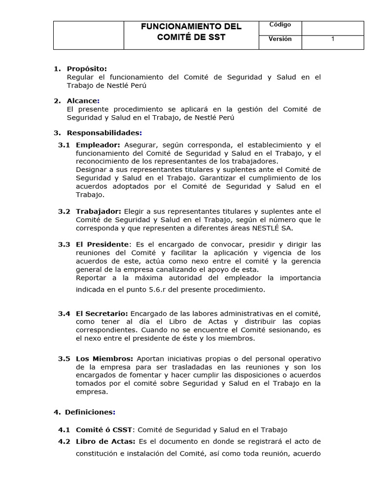 Procedimiento de funcionamiento del Comité de SST | PDF