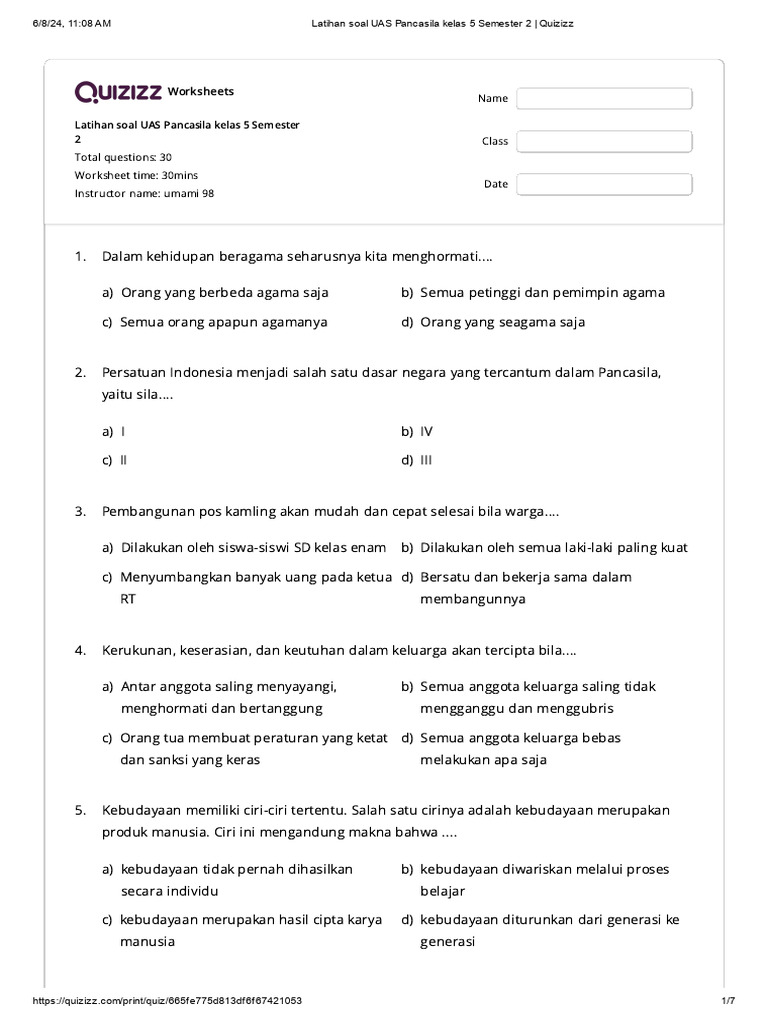 Latihan Soal UAS Pancasila Kelas 5 Semester 2 - Quizizz | PDF