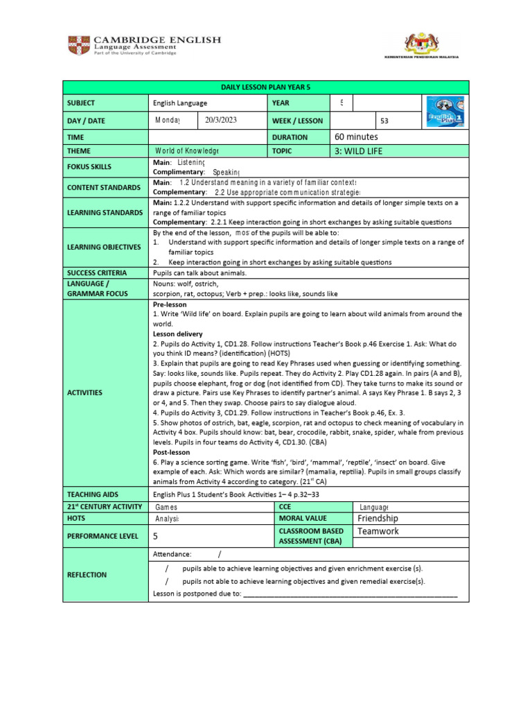 BI Year 5 Unit 3 (LP53-70) | PDF | Lesson Plan | Learning