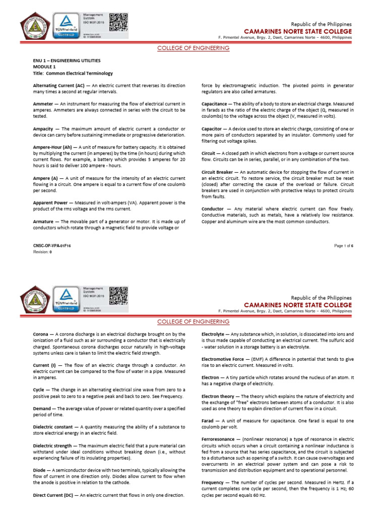 Module 1 Basic Electrical Terminology and Defintion | PDF | Voltage ...