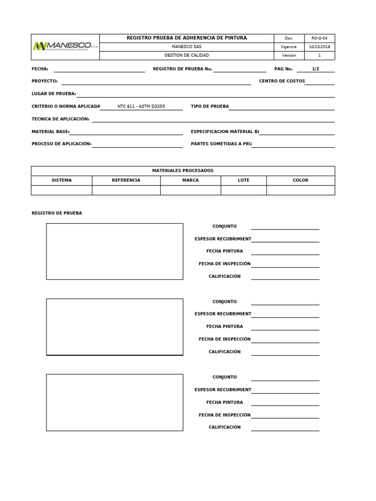 RG Q 04 Formato Registro Prueba Adherencia de Pintura PR | PDF