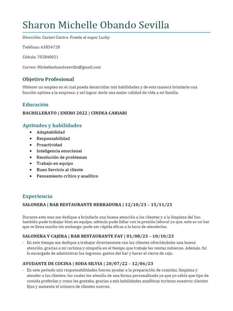 Cv-Sharon Michelle Obando Sevilla | PDF | Crecimiento personal y ...