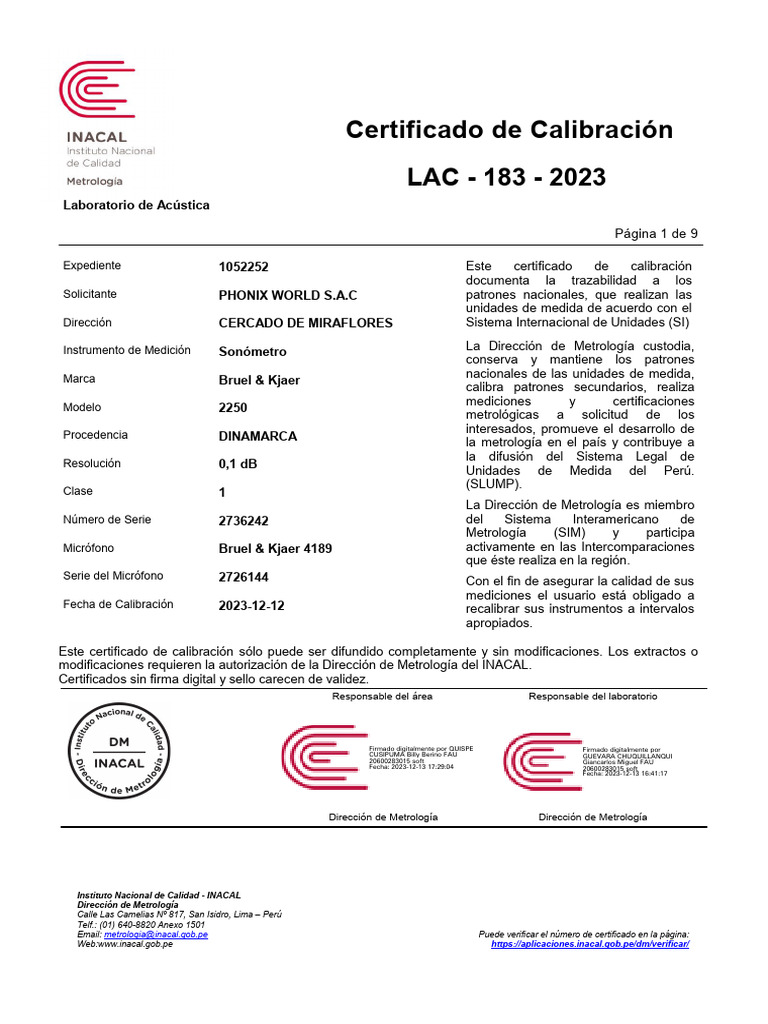 Inacal Certificado 2023-00000183-170405 | PDF | Metrología | Calibración