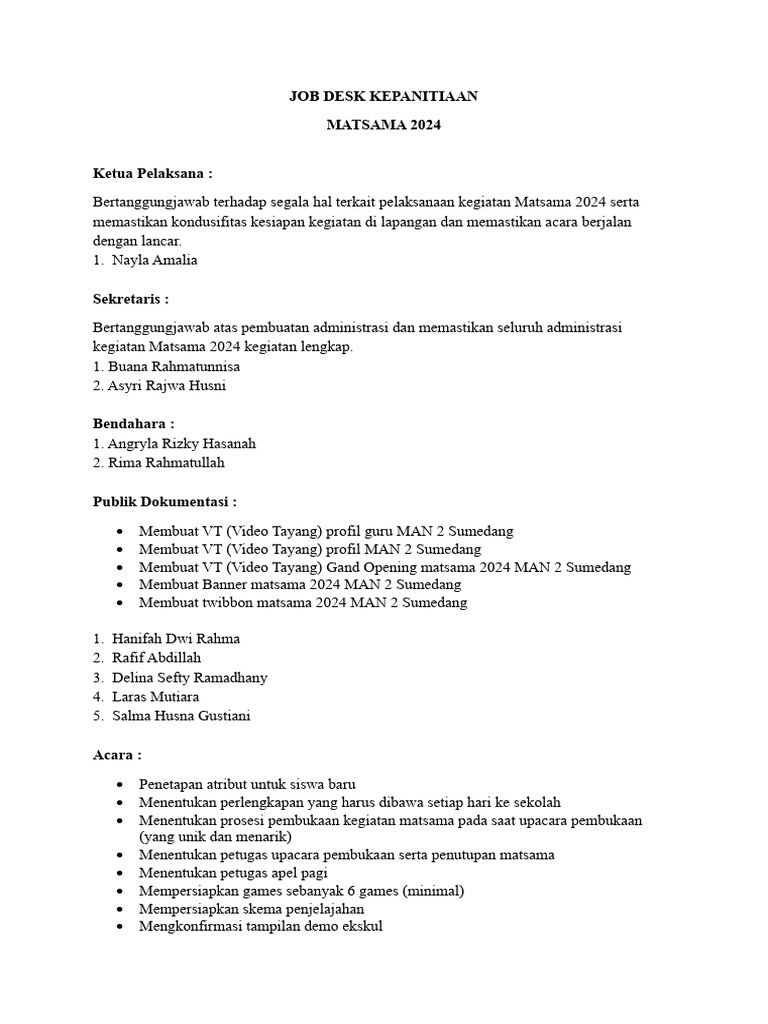 Job Desk Panitia Matsama 2024 | PDF