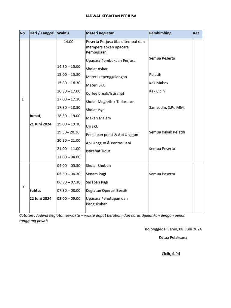 JADWAL KEGIATAN PERJUSA, TGL 21-22 Juni 2024 | PDF