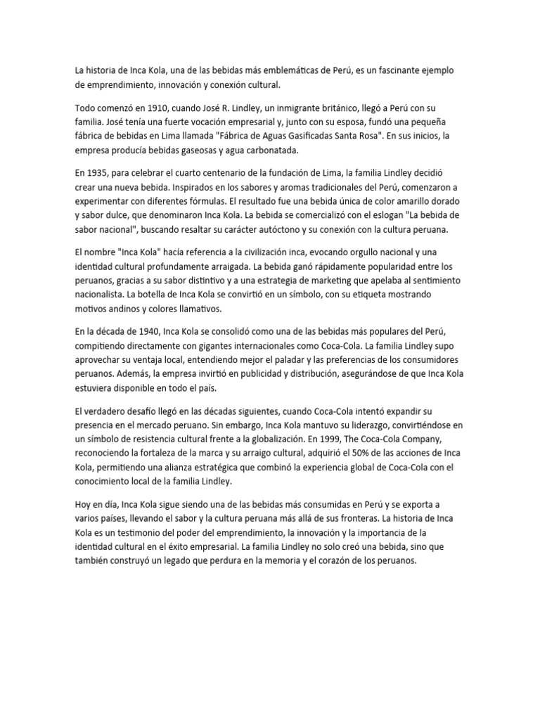 La Historia de Inca Kola | PDF | Perú | Coca Cola