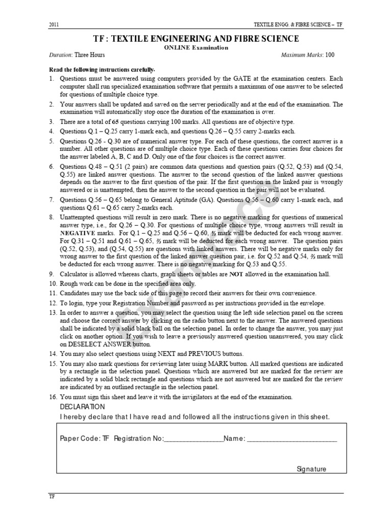GATE Textile Engineering Solved 2011 | PDF | Yarn | Spinning (Textiles)