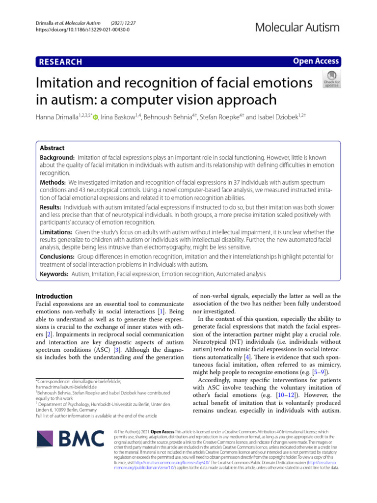 Imitation and Recognition of Facial Emotions | PDF | Autism Spectrum ...