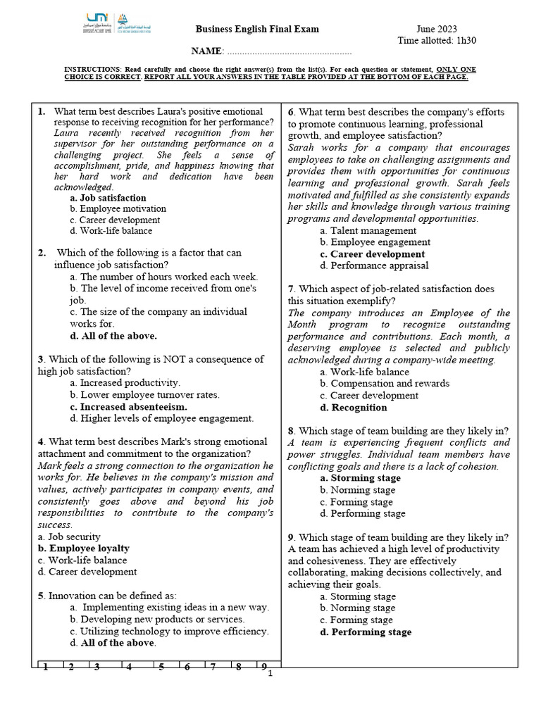 FINAL BUSINESS EXAM 2023 With Key | PDF | Motivation | Motivational