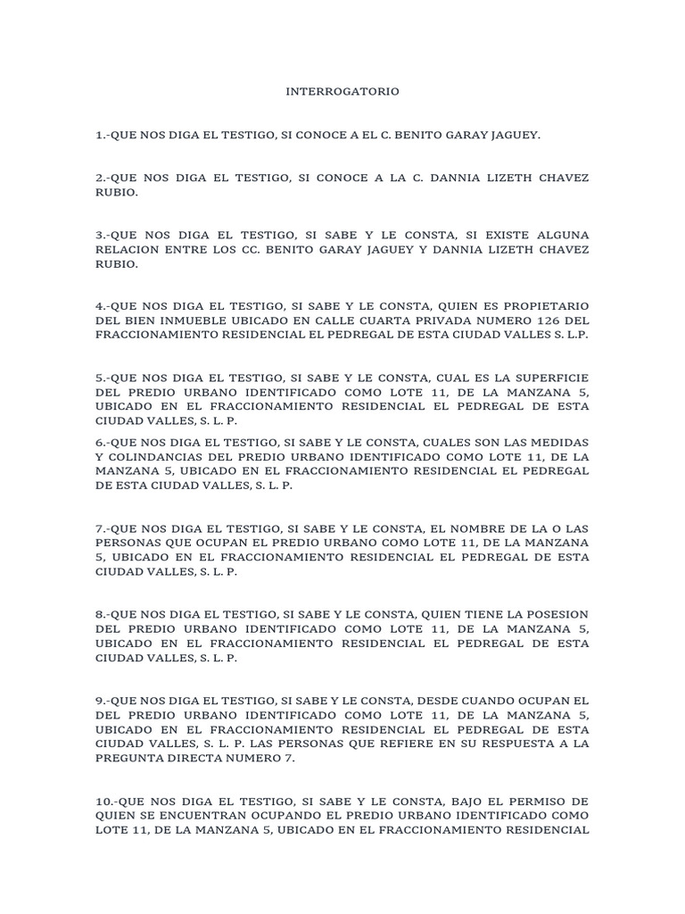 Interrogatorio Reinvidicatorio Dannia Lizeth Chavez Rubio | PDF