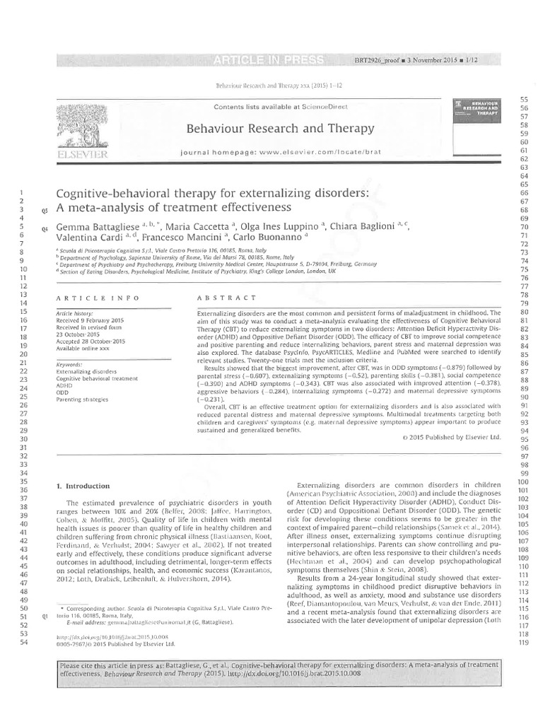 2015 Cognitive Behavioral Therapy For Externalizing Disorders | PDF