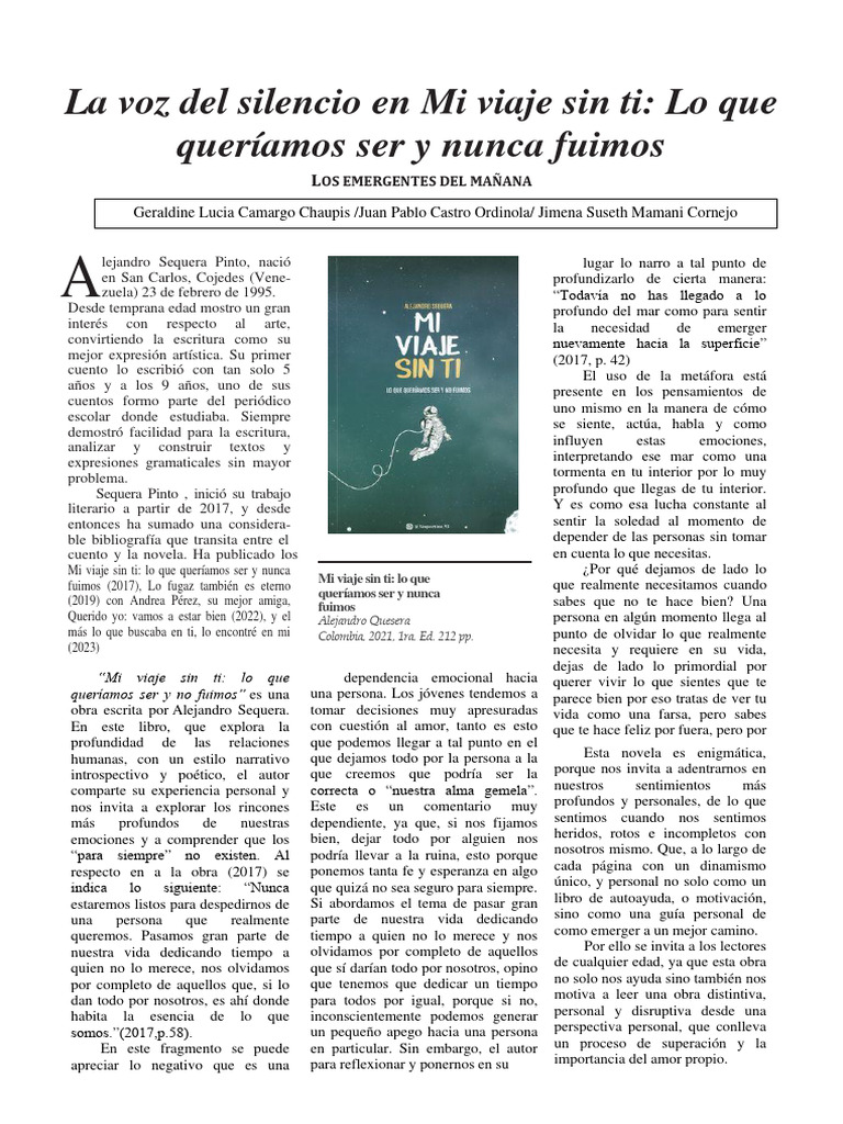 Mi Viaje Sin Ti Reseña Academica GRUPO 6 UPN | PDF | Amor