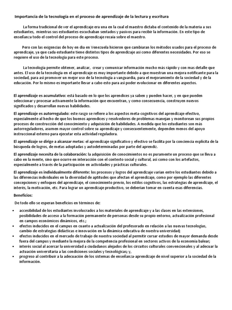Importancia de La Tecnología en El Proceso de Aprendizaje de La Lectura ...
