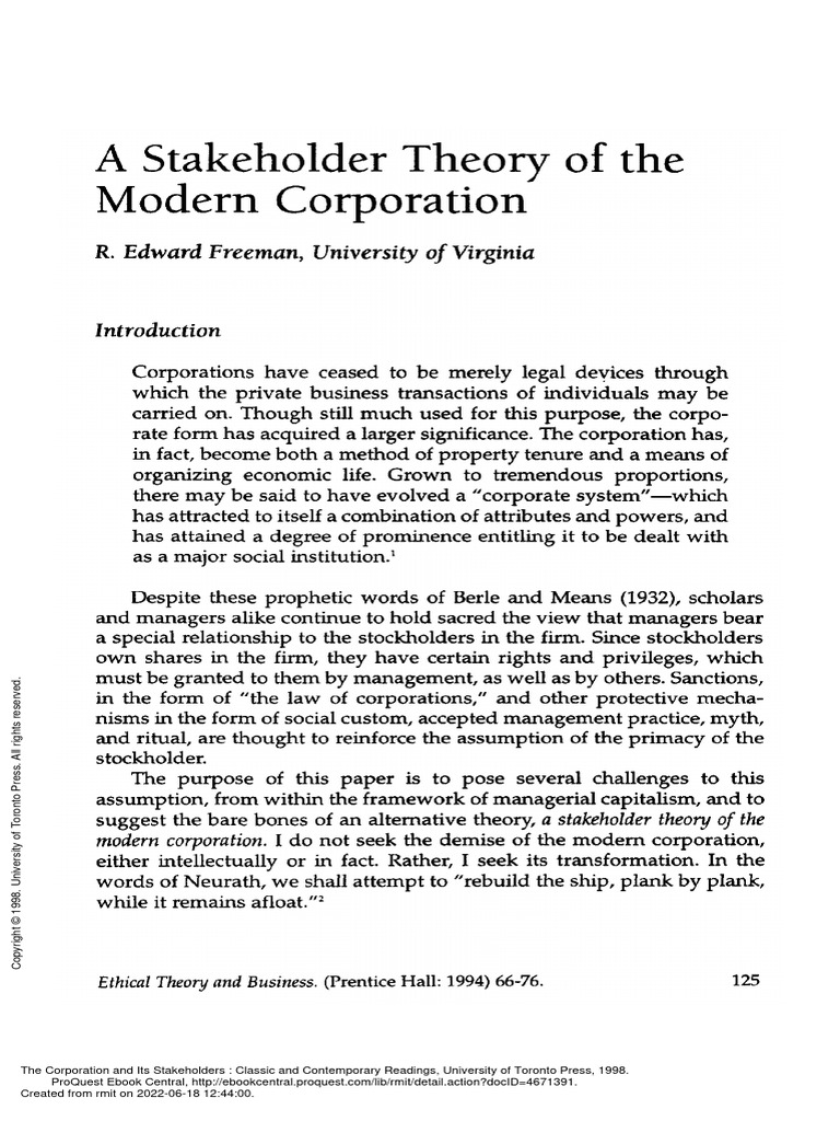 A Stakeholder Theory of The Modern Corpo | PDF | Stakeholder (Corporate ...