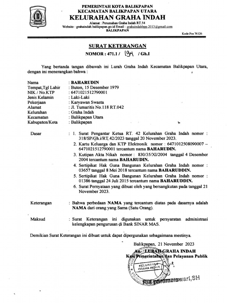Surat Beda Nama Baharuddin | PDF
