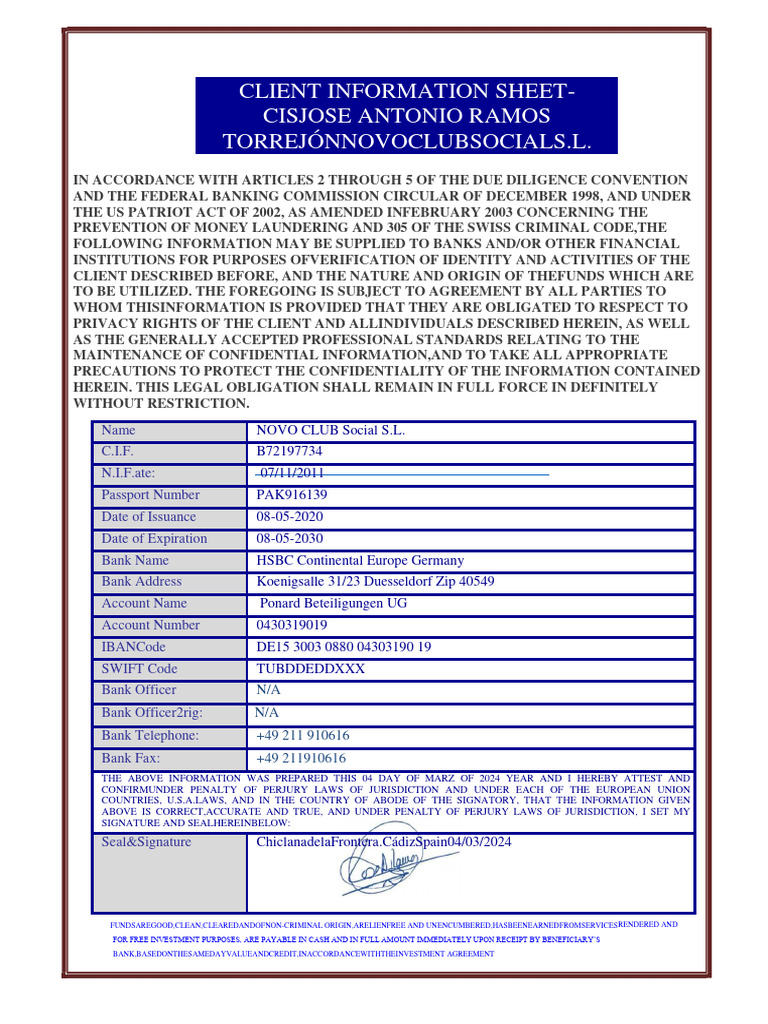 Novo Club Client Information Sheet - 240430 - 142551 | PDF | Banks | Money