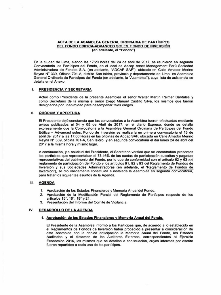 Acta Asamblea de Fondo Edifica | PDF | Deuda | Compartir (Finanzas)