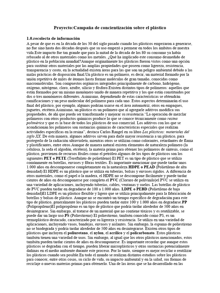Proyecto - Campaña de Concientización Sobre El Plastico | PDF | El ...